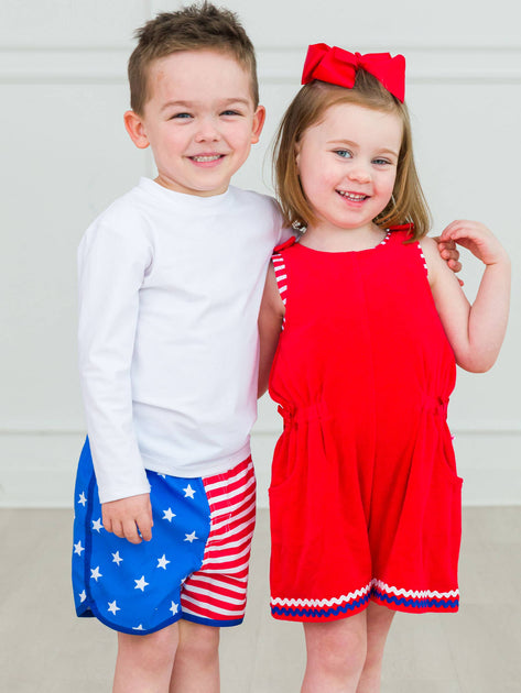 Boys Stars & Stripes Dolphin Hem Swim Trunks – Tribute Clothing Co